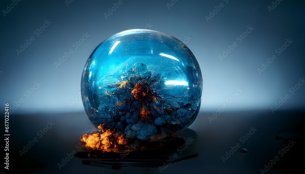 nuclear explosion stuck inside a sphere of clear blue glass 8K octane ...