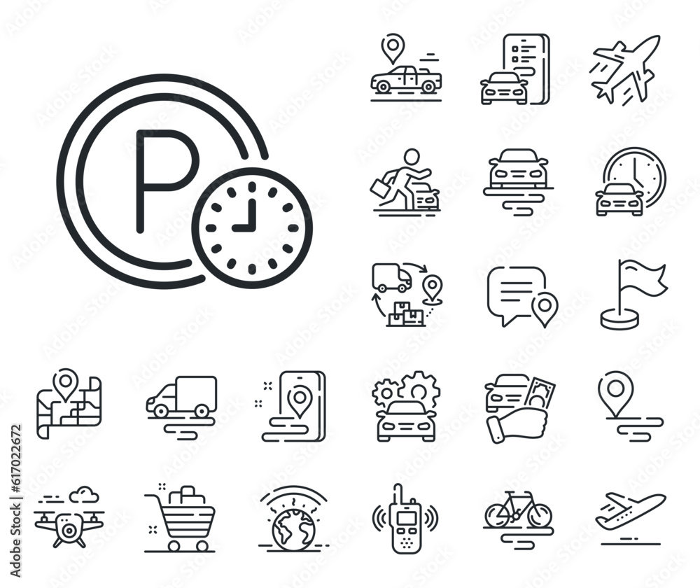 Car park clock sign. Plane, supply chain and place location outline ...