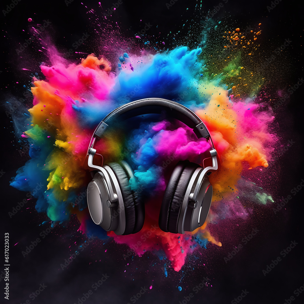 Headphones in paint powder explosion or color particles splash ...