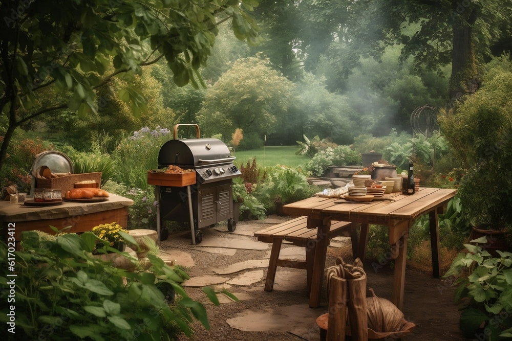 This image portrays a rustic outdoor barbecue setup featuring a smoking ...