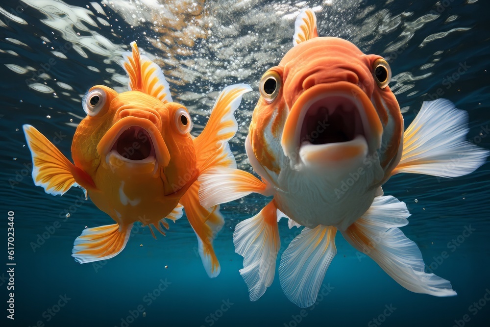 Group of amusing Goldfish standing upright and staring carefully at the ...