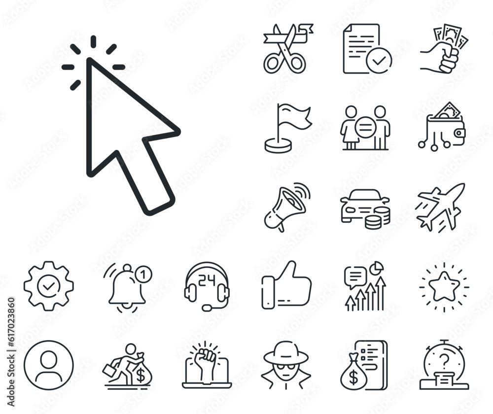 Click Action Sign Salaryman Gender Equality And Alert Bell Outline Icons Mouse Cursor Line