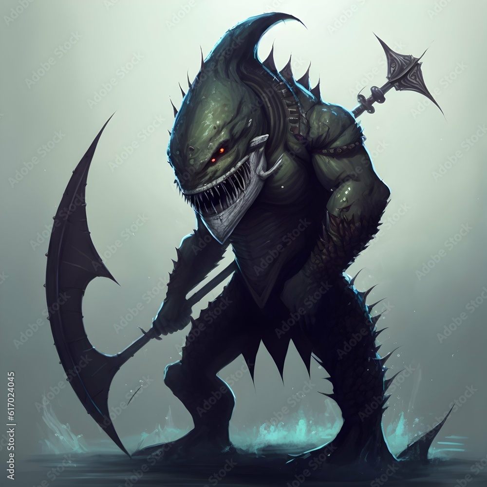wielding a prominant black scythe large muscular fish person with two ...