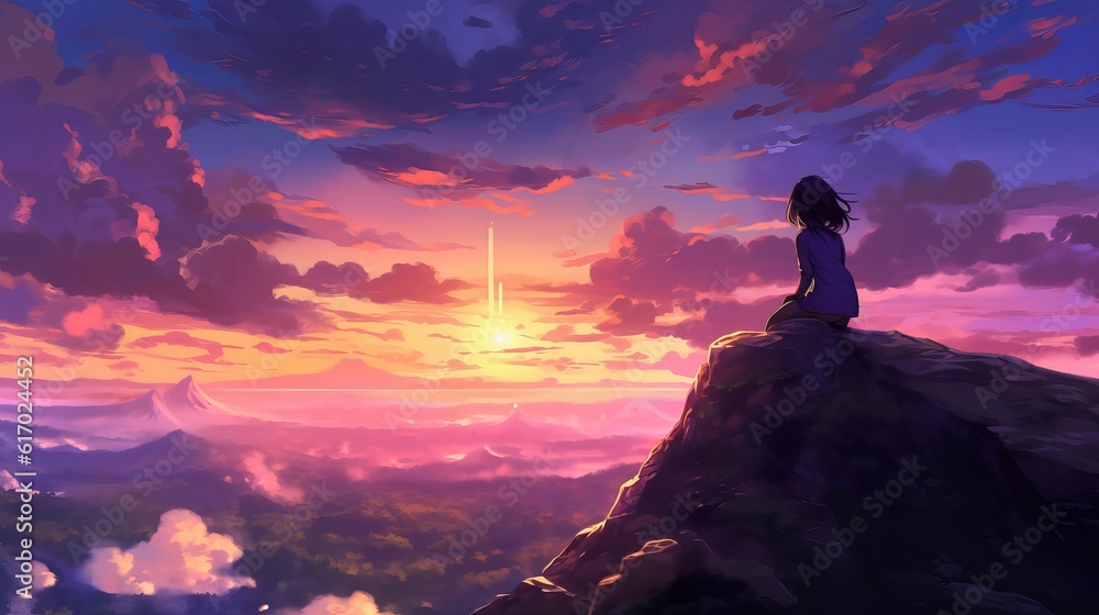 Awe-Inspiring sunset: 3D illustration of an anime girl amidst nature's ...