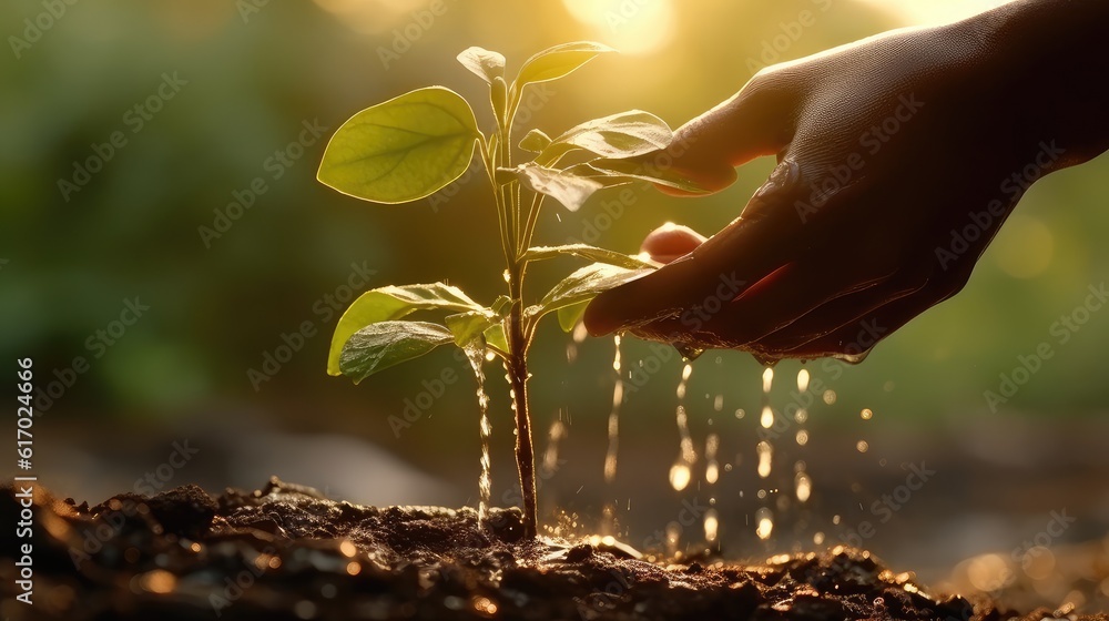 close up hand holding water and watering young tree to growing up in ...