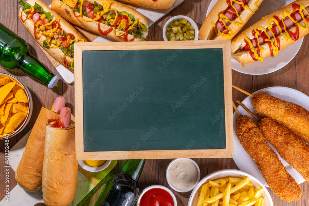 National Hot Dogs day background, hotdog summer party festival foods ...