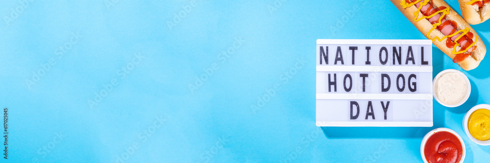 National Hot Dogs day background, hotdog summer party festival foods ...