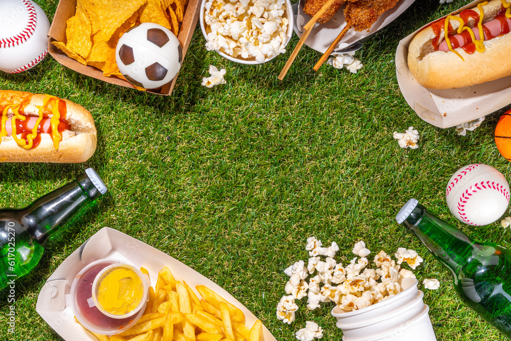 Traditional sport stadium foods and beer background, Set of various ...