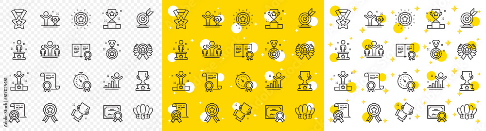 Winner cup, goal target, certificate. Success line icons. Reward, medal ...