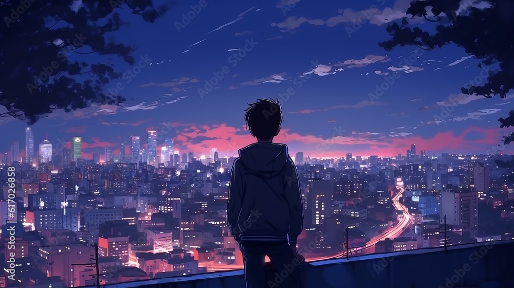 Anime cityscape at night: A moody 4K wallpaper with a cute boy ...