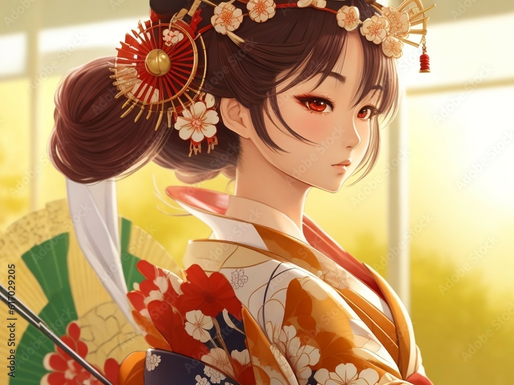Portrait of a beautiful Geisha wearing kimono in Anime style. Sunshine ...