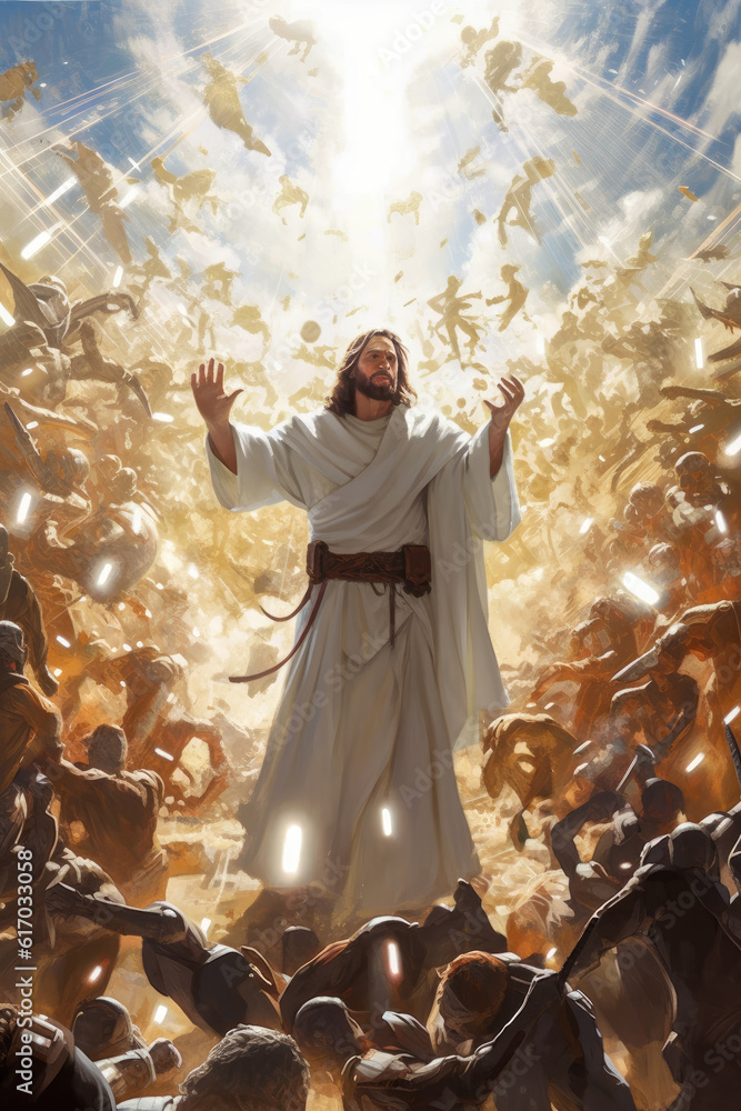 Painted illustration of the second coming of Jesus and the resurrection ...