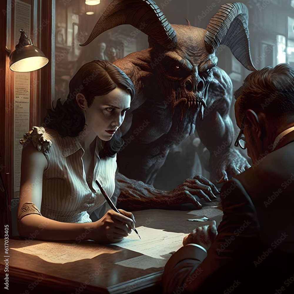 A womand in her 30s signing a packt with Devil in a down town office ...