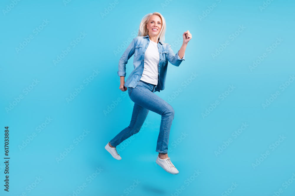 Full length body size photo of professional woman running fast office ...