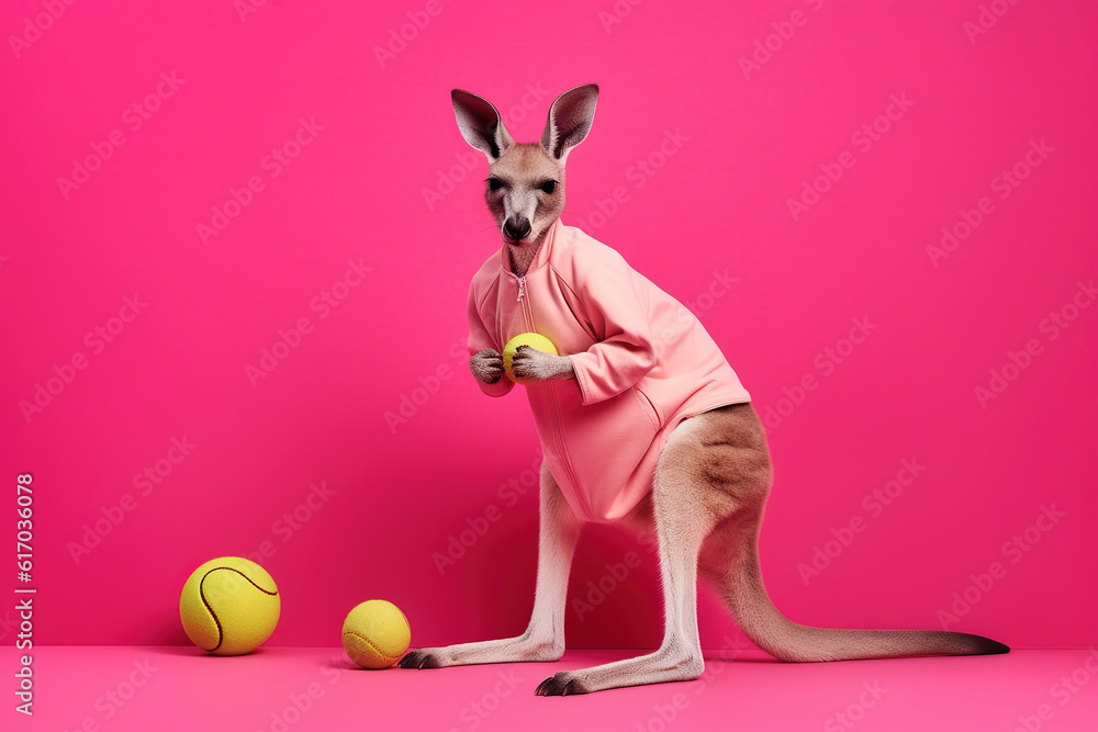 Kangaroo Holding a Tennis Ball on Pink Background. AI generated. Stock ...