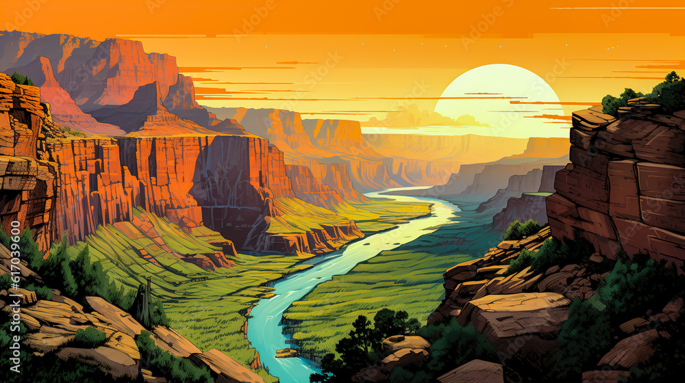 Grand canyon national park illustration landscape and sunrise or sunset ...