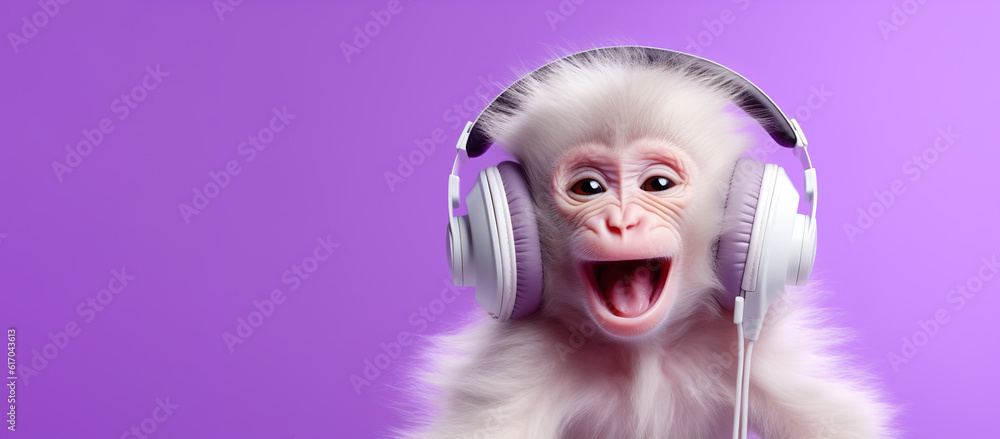 A cute monkey with headphones listens to music on a purple background ...