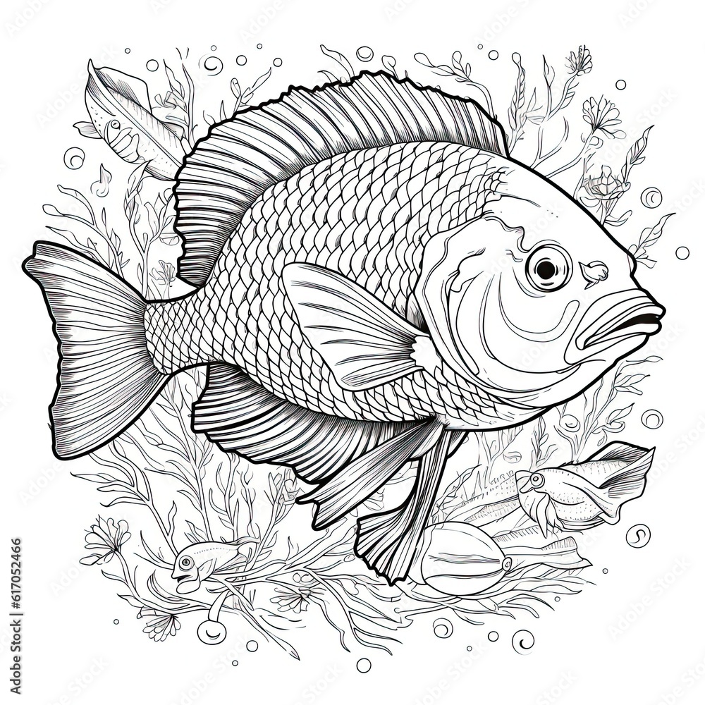 Sea bream fish animal line art illustration. Black and white coloring ...