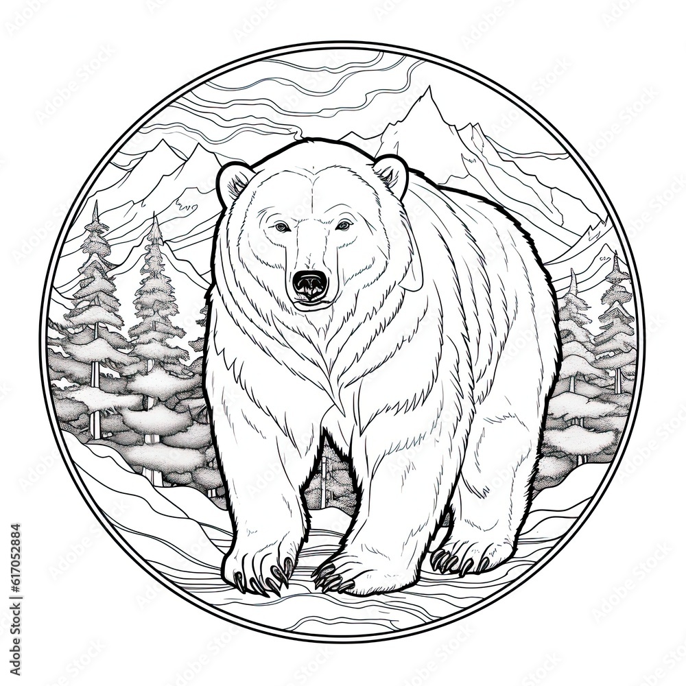 Polar bear animal line art illustration. Black and white coloring page ...