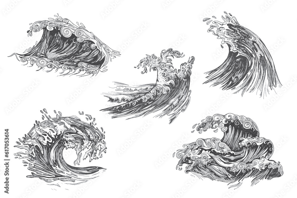 Handdrawn wave illustration, wave drawing, sea, ocean, water, element ...