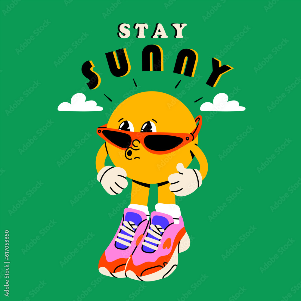 Vetor de Stay sunny text. Sun with eyes, hands and legs. Cartoon ...