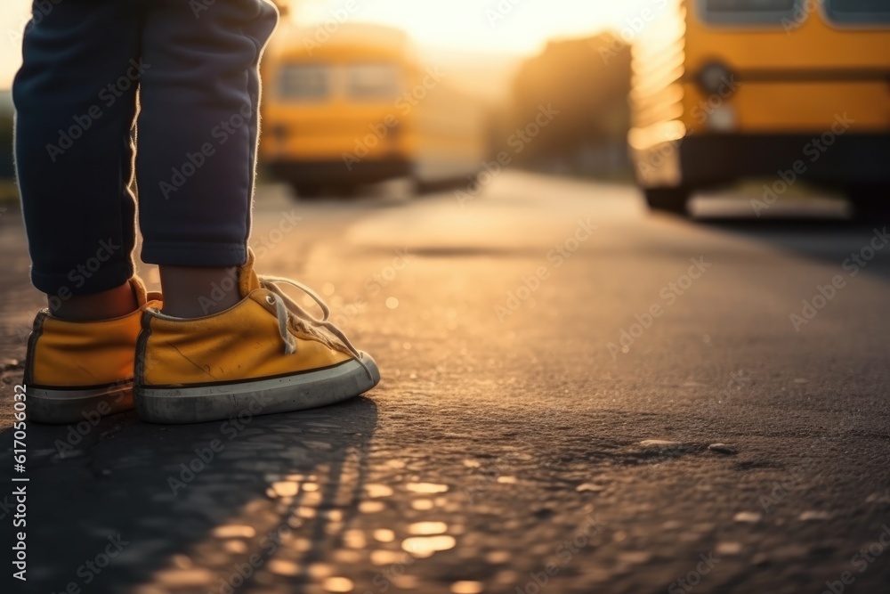 Child legs in sneakers and backpack on bus stop waiting school bus ...