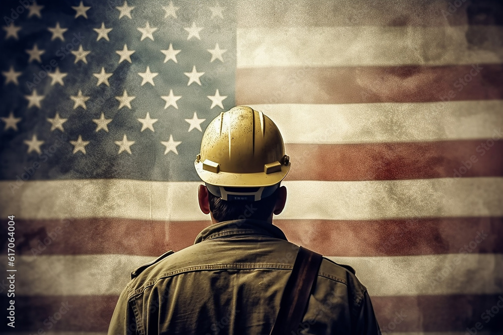 Construction worker in hard hat on a concrete wall and american flag ...