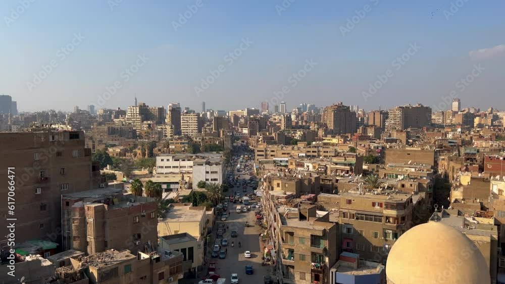 Aerial panning view Cairo cityscape panorama with apartment buildings ...