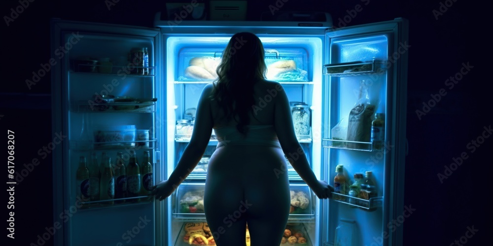 Rear view of fat woman with obesity, refrigerator at night blue light ...