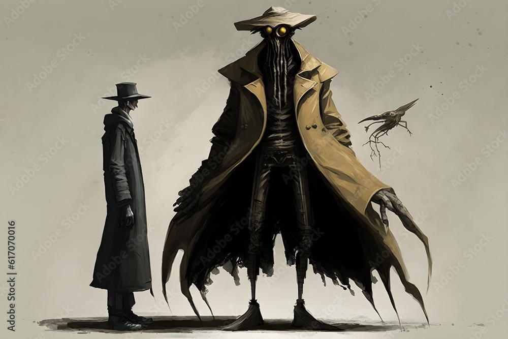 Tall lanky Black plague creature standing over a person this perso is ...