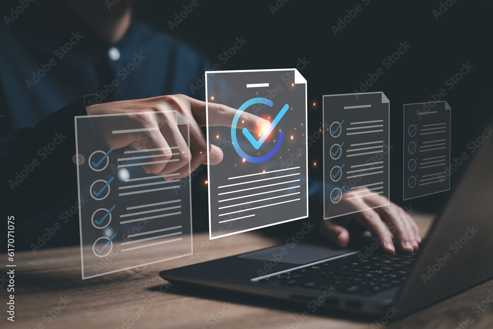 Standard quality control, ISO certified document with business concept ...