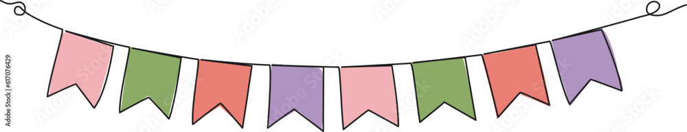 continuous single line drawing of bunting garland, pastel colored ...