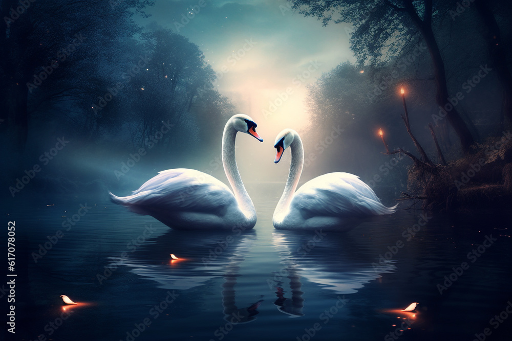 Animal, wildlife, love and fantasy concept. Two white swans in love ...