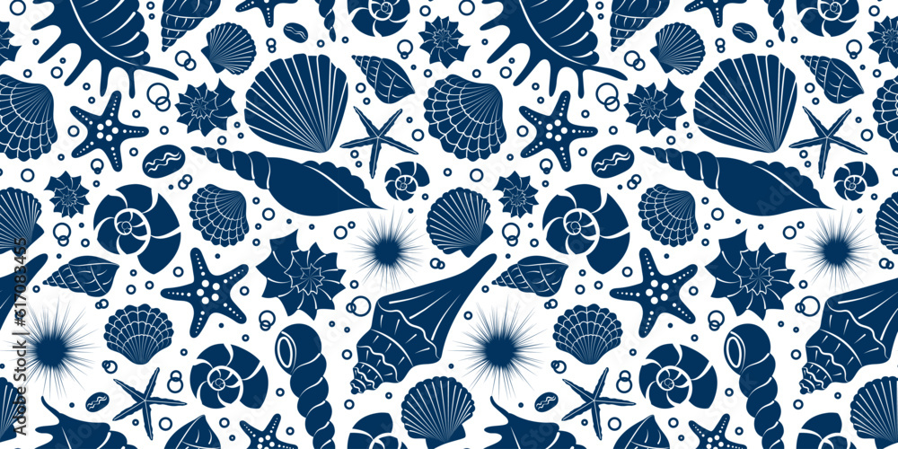 Seashells blue silhouette seamless pattern. Summer sea background. Hand ...