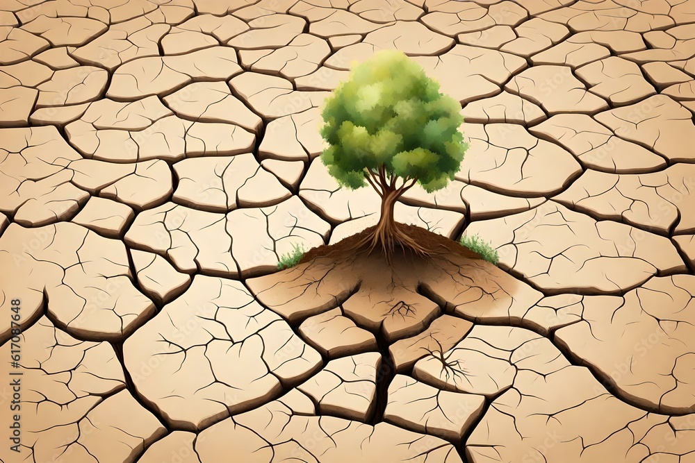 Planting tree in drought crisis. Global warming, care of the ...