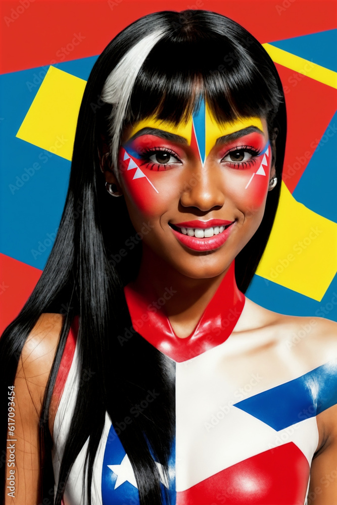 A woman with a painted face and a painted body poses for a picture with ...