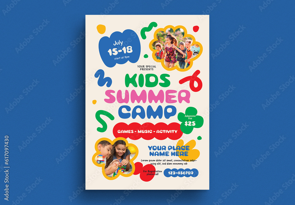 Colorful Abstract Kids Summer Camp Event Flyer Stock Template | Adobe Stock