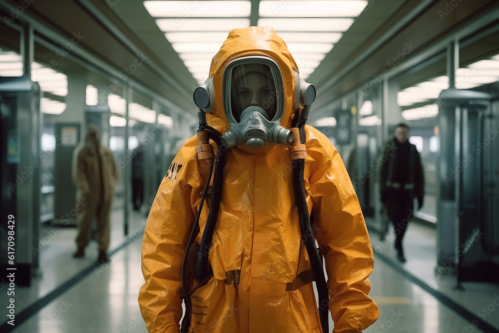 Fiction person in the hazmat suit in the different locations working ...
