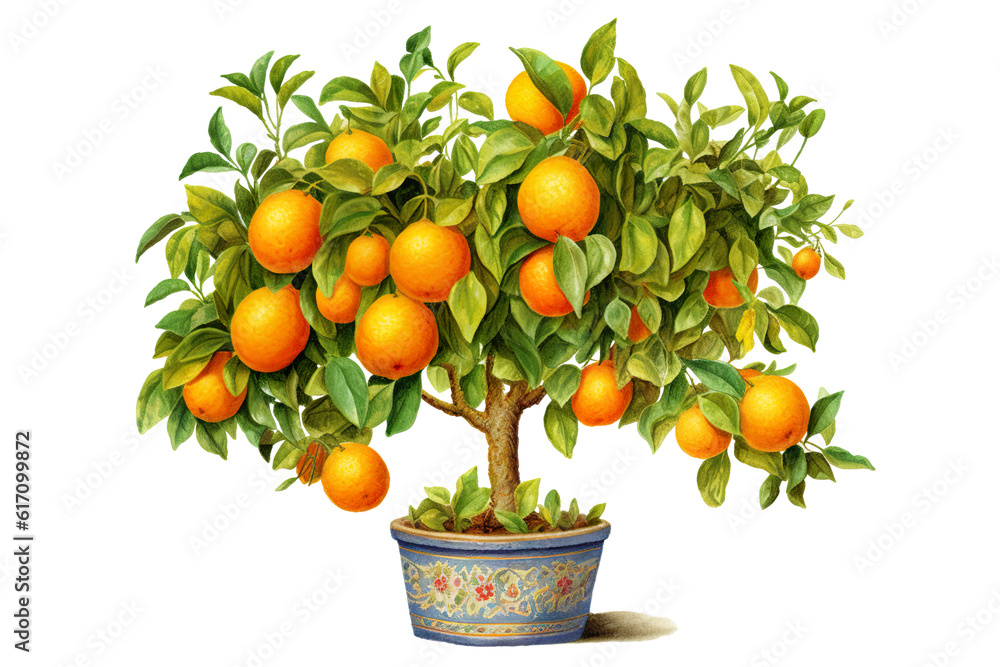 Beautiful ultra-realistic watercolor orange fruit potted tree with ...