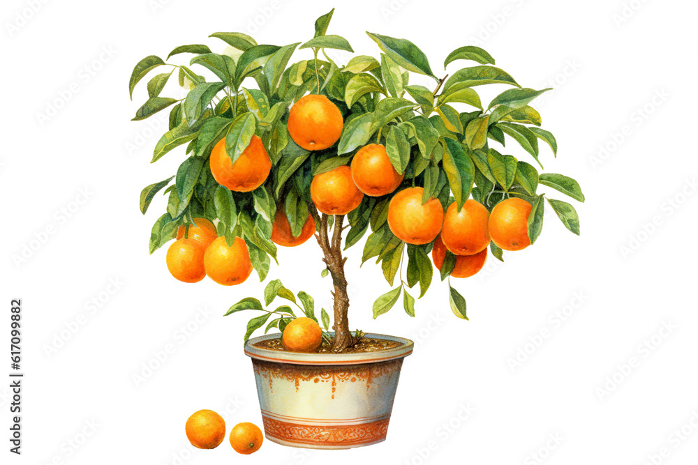 Beautiful ultra-realistic watercolor orange fruit potted tree with ...