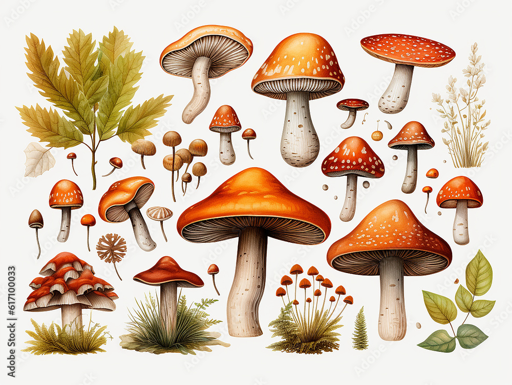 set in stile acquerello di funghetti e foglie , colori tenui delicati ...