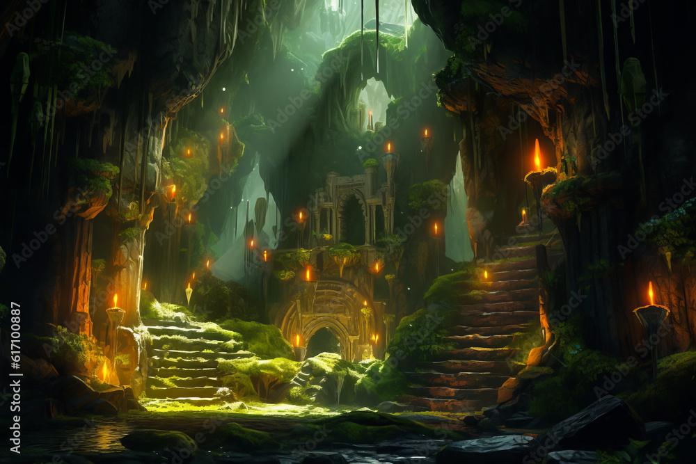 Enter a magical underground world with towering rocks, glowing ...