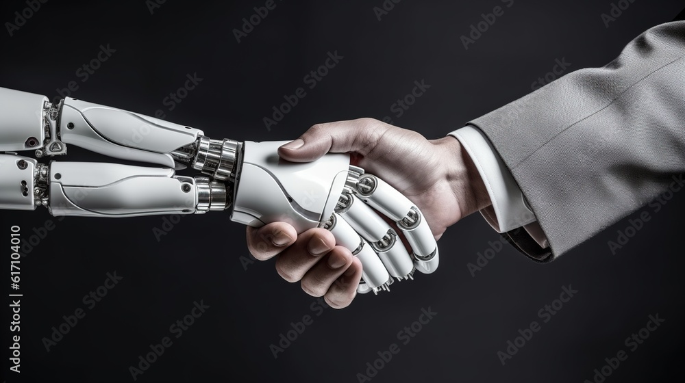 Robot and man shaking hands. Concept of human interaction with ...