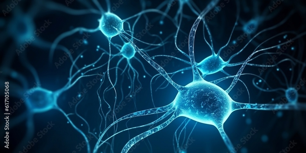 Nerve cell blue color banner, system neuron of brain with synapses ...