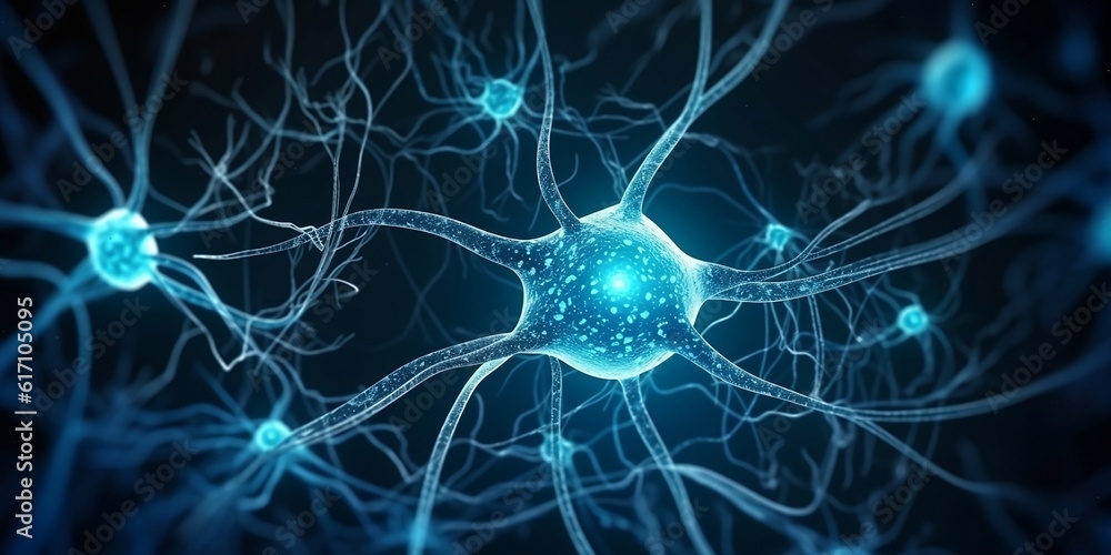 Nerve cell blue color banner, system neuron of brain with synapses ...