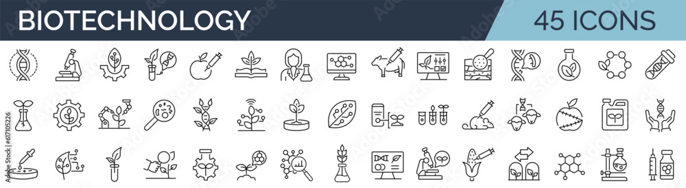 Set of outline icons related to biotechnology, biochemistry, farming ...