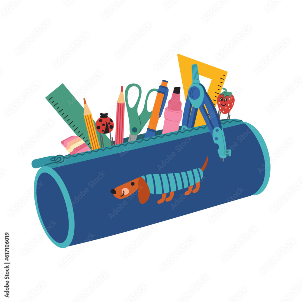 Set of school stationery in pencil box. Pens, pencils, rulers, marker ...