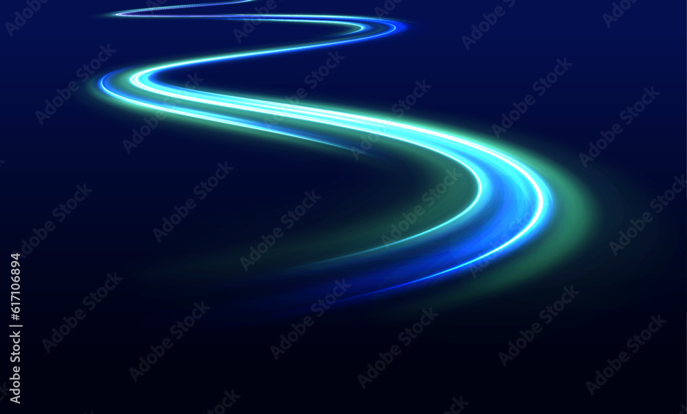 Acceleration speed motion on night road. Laser beams luminous abstract ...