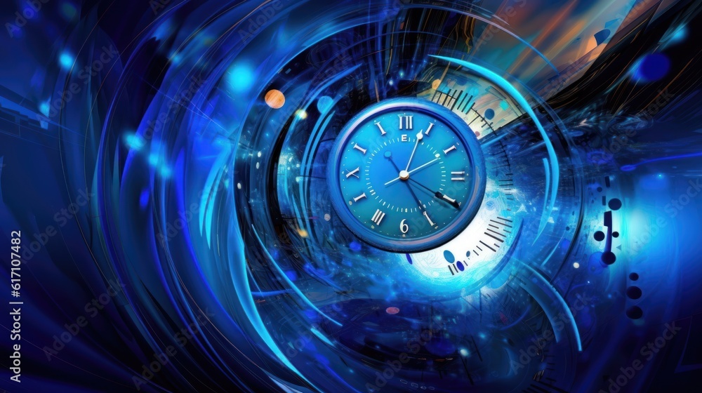 Clock dial and infinity space. Blue color. Astrology, time and space ...