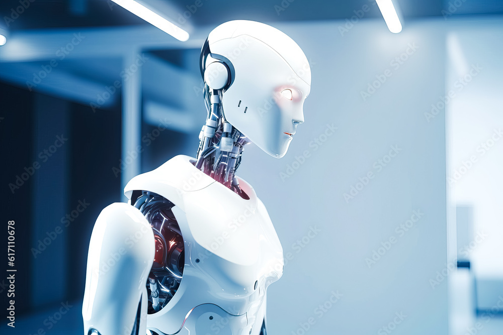 Generative AI illustration of futuristic smart robot with bright eyes ...